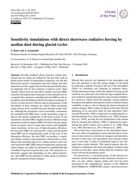 Pdf Sensitivity Simulations With Direct Radiative Forcing By Aeolian Dust During Glacial Cycles