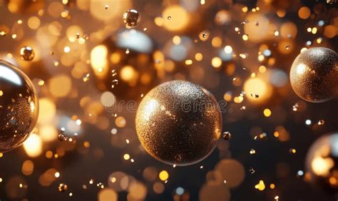 Floating Golden Spheres With Shimmering Reflections And Sparkling Bokeh Background Creating A