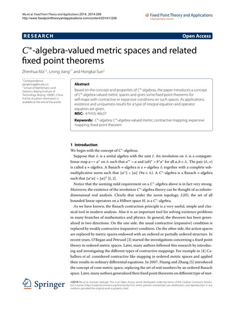 Pdf C∗ Algebra Valued Metric Spaces And Related Fixed Point Theorems