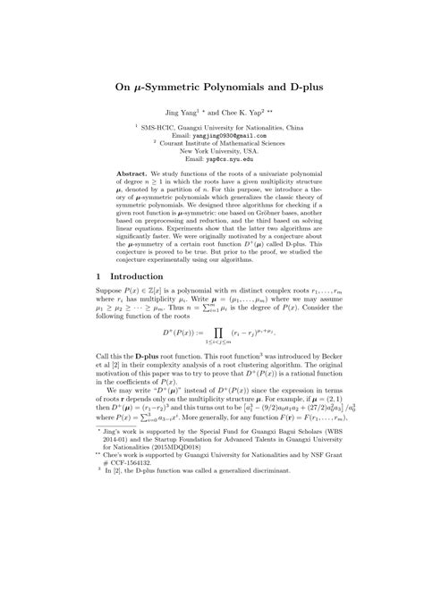 PDF On µ Symmetric Polynomials and D plus