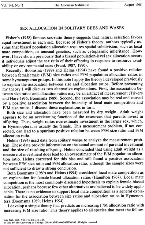 Pdf Sex Allocation In Solitary Bees And Wasps