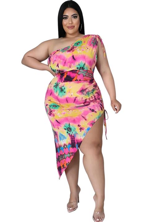 Final Sale Plus Size One Shoulder Dress In Pink Multi Color Print