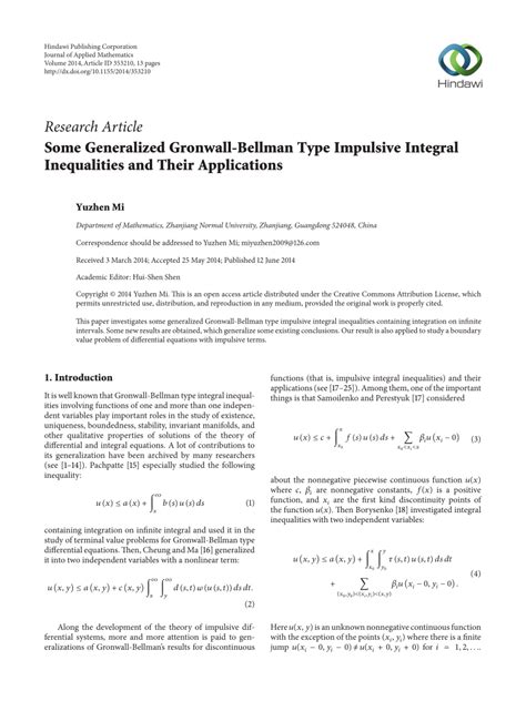 Pdf Some Generalized Gronwall Bellman Type Impulsive Integral Inequalities And Their Applications