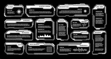 색 미래 Hud Ui 요소 Scifi 사용자 인터페이스 텍스트 상자 호출 경고 메시지 프레임 정보 상자 디지털 스타일의 현대 게임 인터페이스 레이아웃 플릿 터 일러스트
