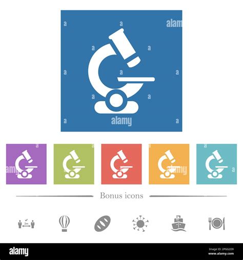 Microscope Flat White Icons In Square Backgrounds 6 Bonus Icons Included Stock Vector Image