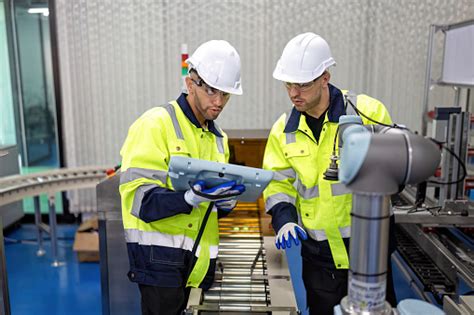engineer teach trainee operation maintenance and programing robot arm to work on heavy industry