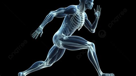 달리는 인간의 골격과 여러 근육을 특징으로 하는 이미지 다리 뼈가 강조 표시된 전면 보기를 보여주는 실행 중인 포즈의 3d 남성 의료 그림 고화질 사진 사진 배경