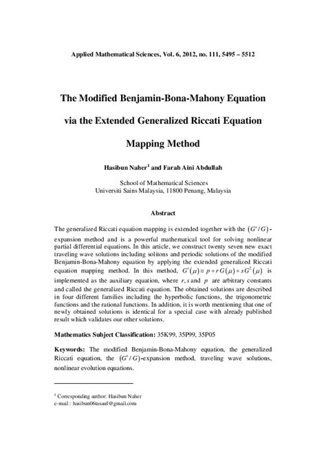 Pdf The Modified Benjamin Bona Mahony Equation Via The Extended Generalized Riccati Equation