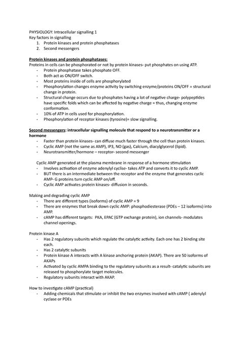Physio Lecture 1 Cell Signalling 1 Copy PHYSIOLOGY Intracellular Signalling 1 Key Factors