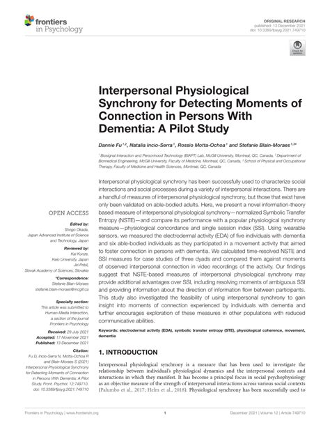 Pdf Interpersonal Physiological Synchrony For Detecting Moments Of Connection In Persons With