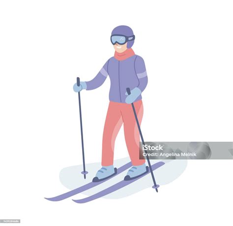 눈 위에서 스키를 타는 여성 스키어 겨울 스포츠 겨울 활동 경쟁 하늘을 타고 있는 여자 운동가 평면 벡터 그림입니다 스키 보호