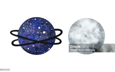 우주 행성과 달 흰색 배경에 격리 된 수채화 클립 아트 미니멀 한 디자인 추상적 인 도면 세트 신비한 상징 검은색에 대한 스톡