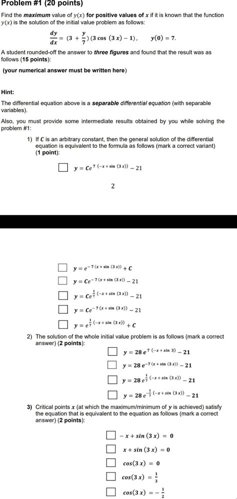 solved problem 1 20 points find the maximum value of y x
