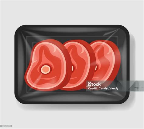 셀로판 커버 플라스틱 트레이 용기에 뼈에는 스테이크 이랑 디자인에 대 한 템플릿입니다 플라스틱 음식 콘테이너입니다 벡터 일러스트입니다 건강한 식생활에 대한 스톡 벡터 아트