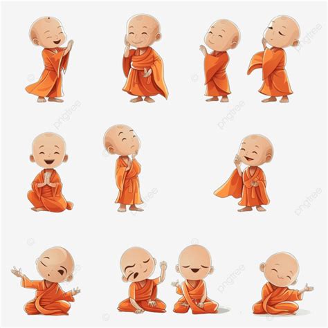 Cartoon Character Of Buddhist Monks In Different Poses Monk Buddhist