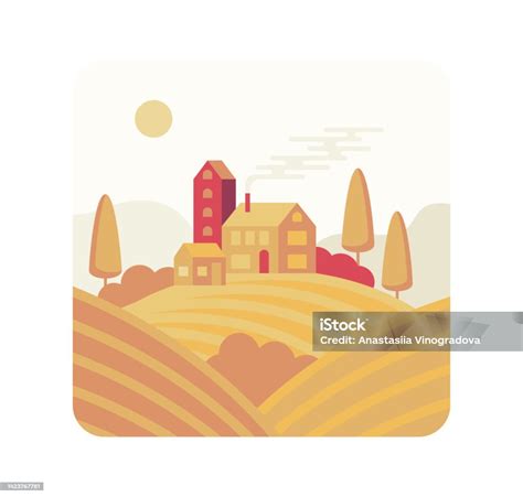 들판 사이의 농장 평평한 타일의 벡터 만화 일러스트 레이 션 전원 장면에 대한 스톡 벡터 아트 및 기타 이미지 전원 장면