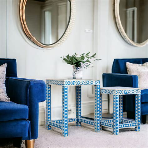 Bone Inlay Nesting Tables Set Of 2 In Blue And White Sundara
