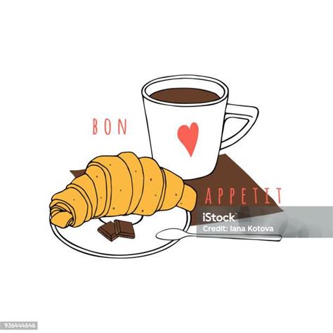 크로 그리고 커피 한 잔입니다 손으로 그린 벡터 일러스트 레이 션 맛 있는 신선한 아침 식사 카페 빵집 상점에 대 한 포스터입니다 0명에 대한 스톡 벡터 아트 및 기타
