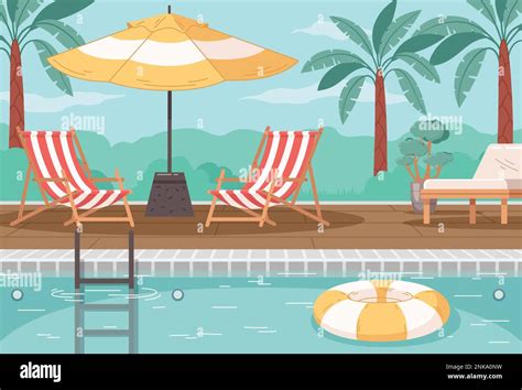 Outdoor Swimming Pool Colored Background With Chaise Lounges Under