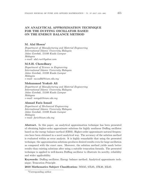 Pdf An Analytical Approximation Technique For The Duffing Oscillator Based On The Energy