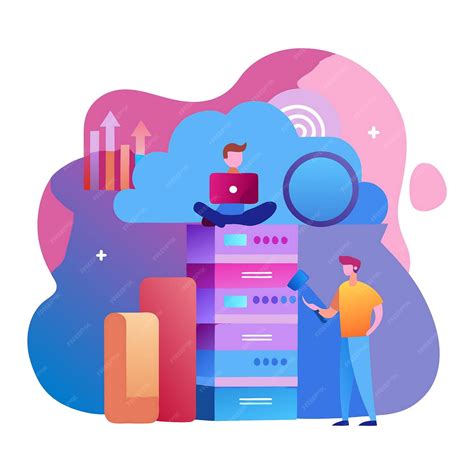 data analysis and cloud computing concept with servers and users