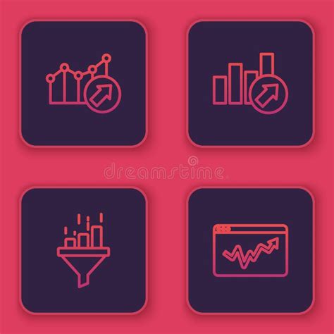 Set Line Financial Growth Sales Funnel With Chart And Graph Infographic Blue Square Button