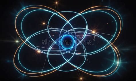 A Stylized Atom With Blue And Orange Glowing Orbits Against A Dark