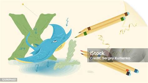 알파벳 문자 X 엑스레이 생선 종이에 색연필을 기고하기 위한 영어 알파벳의 일러스트 레이아웃 배너 0명에 대한 스톡 벡터 아트 및 기타 이미지 Istock