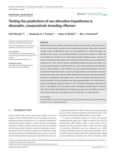 Pdf Testing The Predictions Of Sex Allocation Hypotheses In Dimorphic