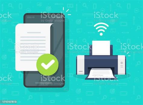 파일 인쇄 팩스 또는 잉크 젯 벡터 평면 만화 그림 현대 이미지 공기 또는 블루투스 인쇄의 개념과 휴대 전화 또는 스마트 폰 와이파이 연결을 통해 프린터에 무선으로 인쇄