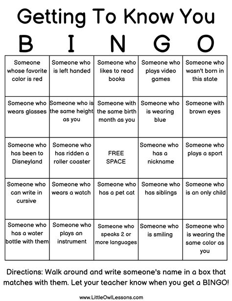 Little Owl Lessons Getting To Know You Bingo Free Printable