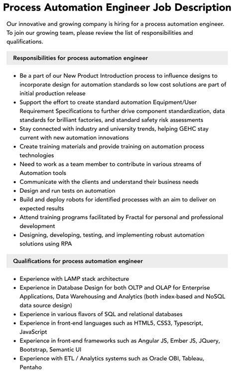 Process Automation Engineer Job Description Velvet Jobs