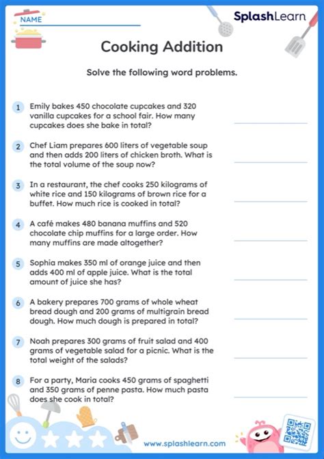 Add Within 1000 Cooking Word Problems — Printable Math Worksheet