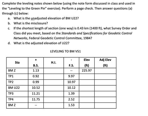solved complete the leveling notes shown below using the
