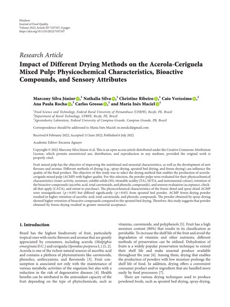 Pdf Impact Of Different Drying Methods On The Acerola Ceriguela Mixed Pulp Physicochemical