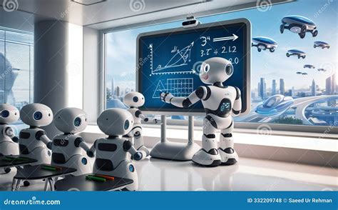 Futuristic Classroom Scene Robot Teaching Smaller Robots In Advanced