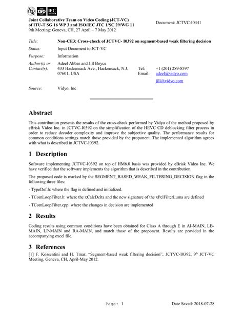 PDF JCTVC I0441 Cross Check Of JCTVC I0392 On Segment Based Weak Filtering Decision
