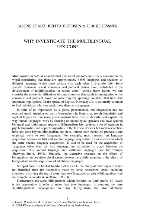 Pdf Why Investigate The Multilingual Lexicon