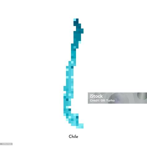 칠레지도의 단순화 된 얼음 파란색 실루엣으로 벡터 격리 된 기하학적 일러스트레이션 Nft 템플릿의 픽셀 아트 스타일입니다 흰색 배경에 디자인을위한 그라디언트 질감이있는 점선
