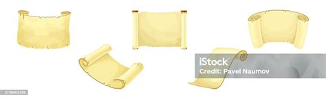 Old Scroll Or Roll Of Papyrus Parchment Or Paper Containing Writing Vector Set Stock