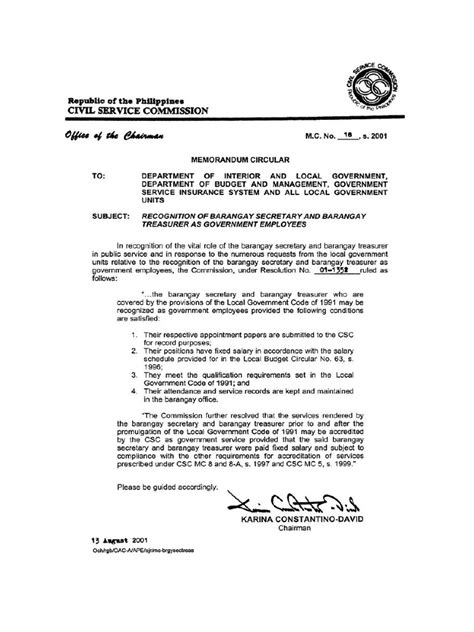Csc Memo Barangay Sec And Treasurer As Government Officials Pdf