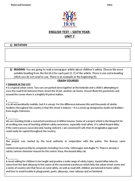 Sixth Year Maxi Test 7 Pdf Filling Station Car