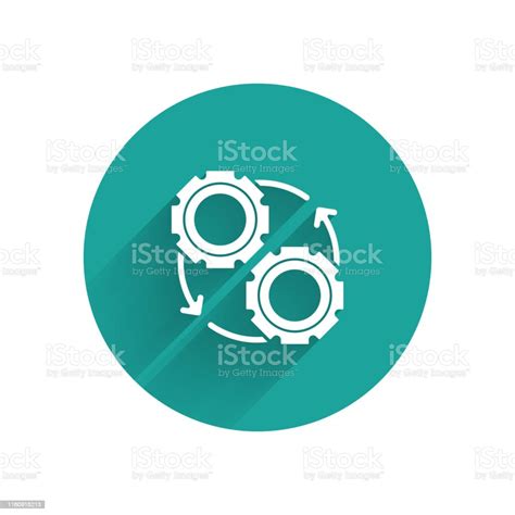 긴 그림자로 격리 워크플로 프로세스 개념 아이콘으로 흰색 기어와 화살표 기어 재장전 기호 녹색 원 버튼입니다 벡터 일러스트레이션