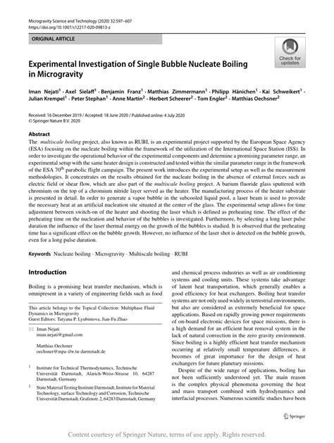 Experimental Investigation Of Single Bubble Nucleate Boiling In Microgravity Request Pdf
