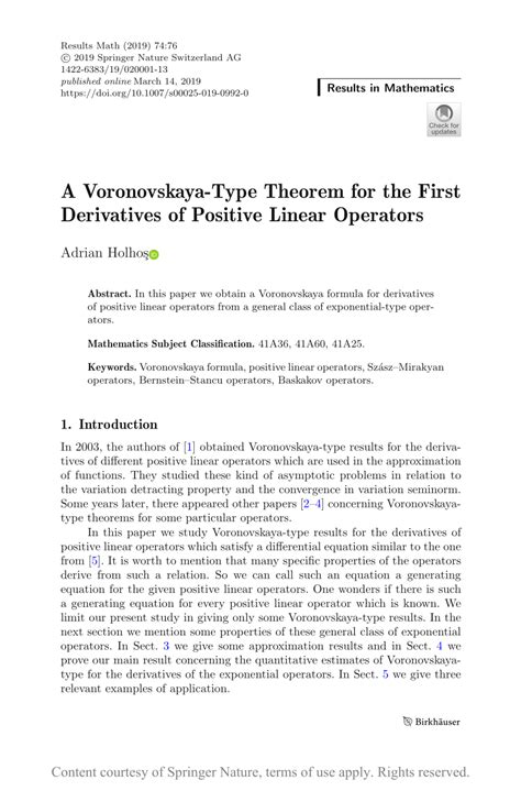 A Voronovskaya Type Theorem For The First Derivatives Of Positive Linear Operators Request Pdf