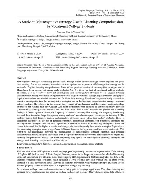 A Study On Metacognitive Strategy Use In Listening Pdf Reading