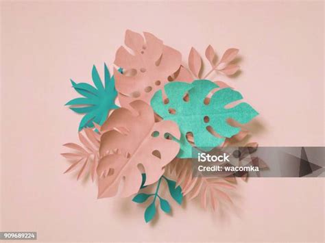 3d 렌더링 종이 예술 열 대 야 자 나뭇잎 식물 배경 파스텔 색상 열 대 자연 단풍 0명에 대한 스톡 사진 및 기타 이미지 Istock
