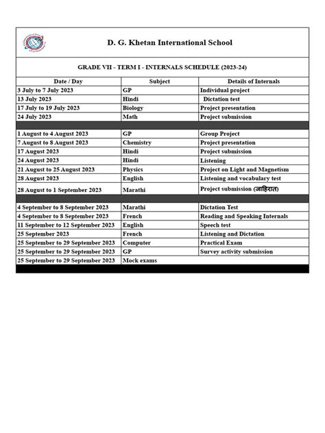 Grade 7 Internals Schedule T1 Internals Pdf