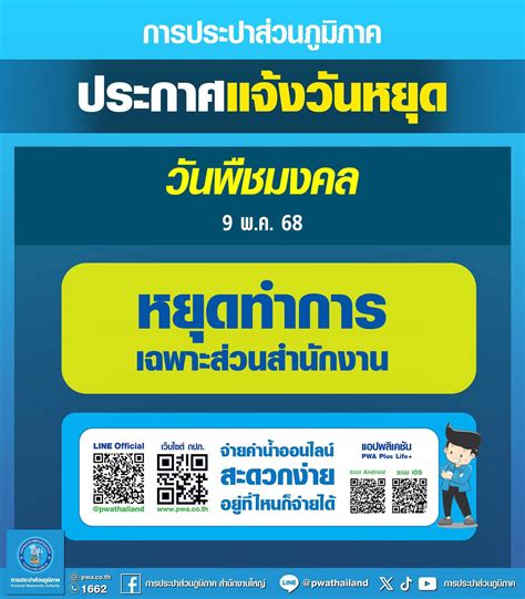 การประปาส่วนภูมิภาคสาขาลำปาง กปภ แจ้งปิดทำการเฉพาะส่วนสำนักงาน วันที่ 9 พฤษภาคม 2568 วันพืช
