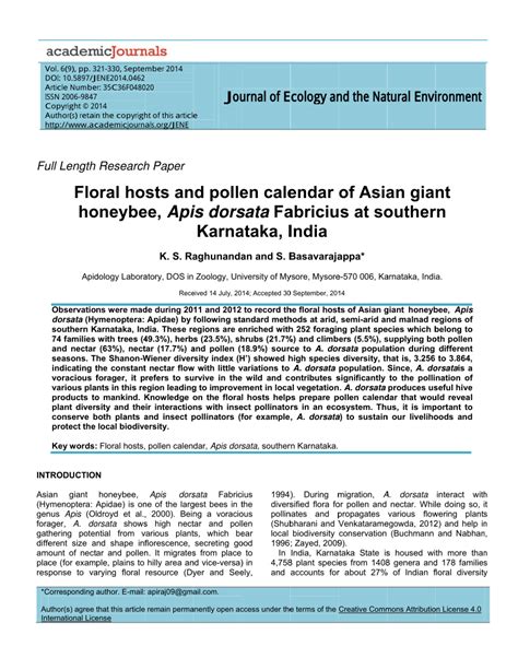 Pdf Floral Hosts And Pollen Calendar Of Asian Giant Honeybee Apis Dorsata Fabricius At